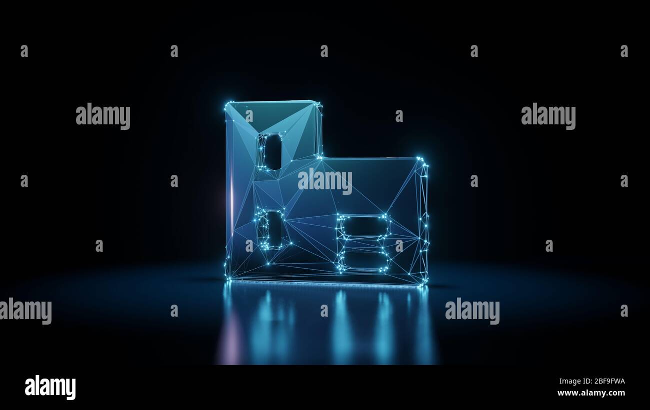 3d rendering wireframe digital techno neon glowing symbol of building with shining dots on black ...