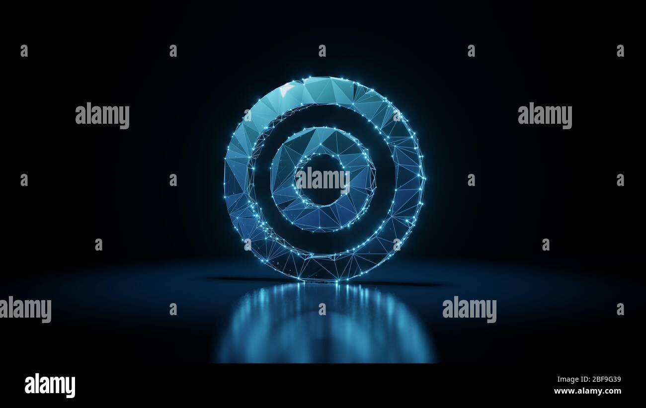 3d rendering wireframe digital techno neon glowing symbol of bullseye ...