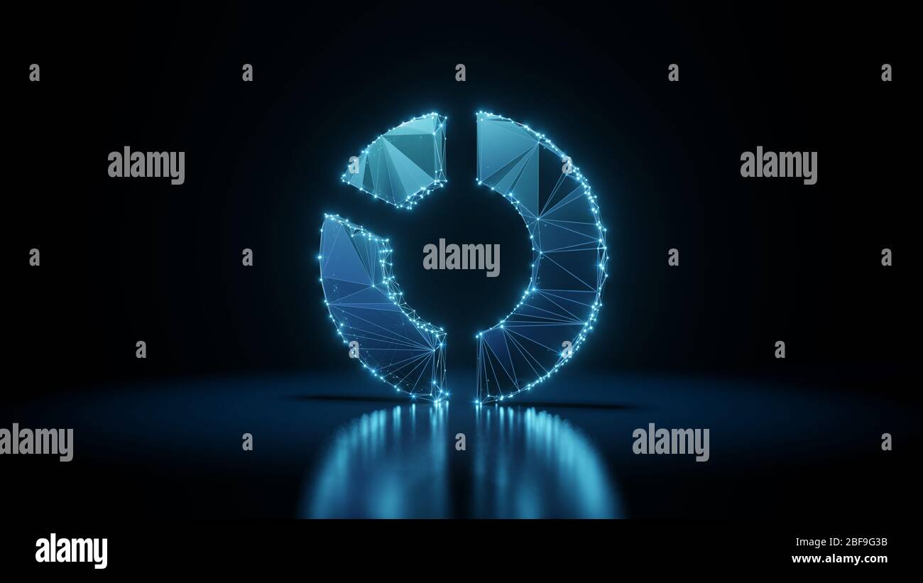 3d rendering wireframe digital techno neon glowing symbol of pie chart with two slices with ...