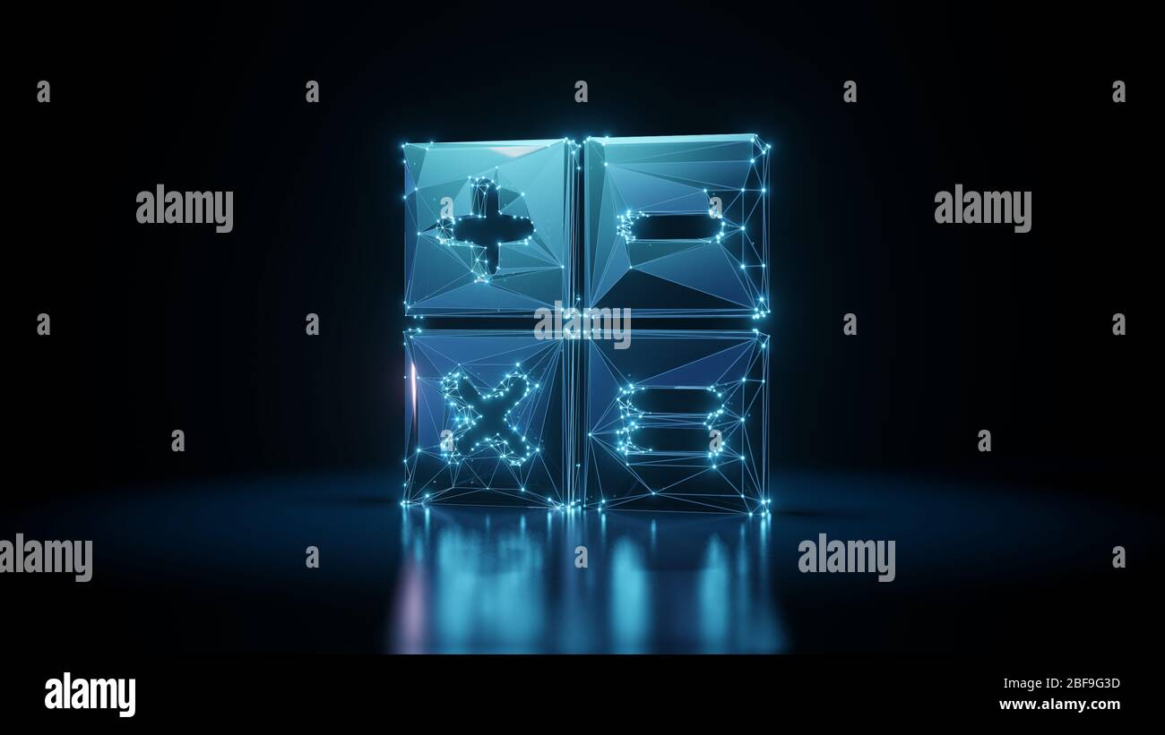 3d rendering wireframe digital techno neon glowing symbol of basic number operations of ...