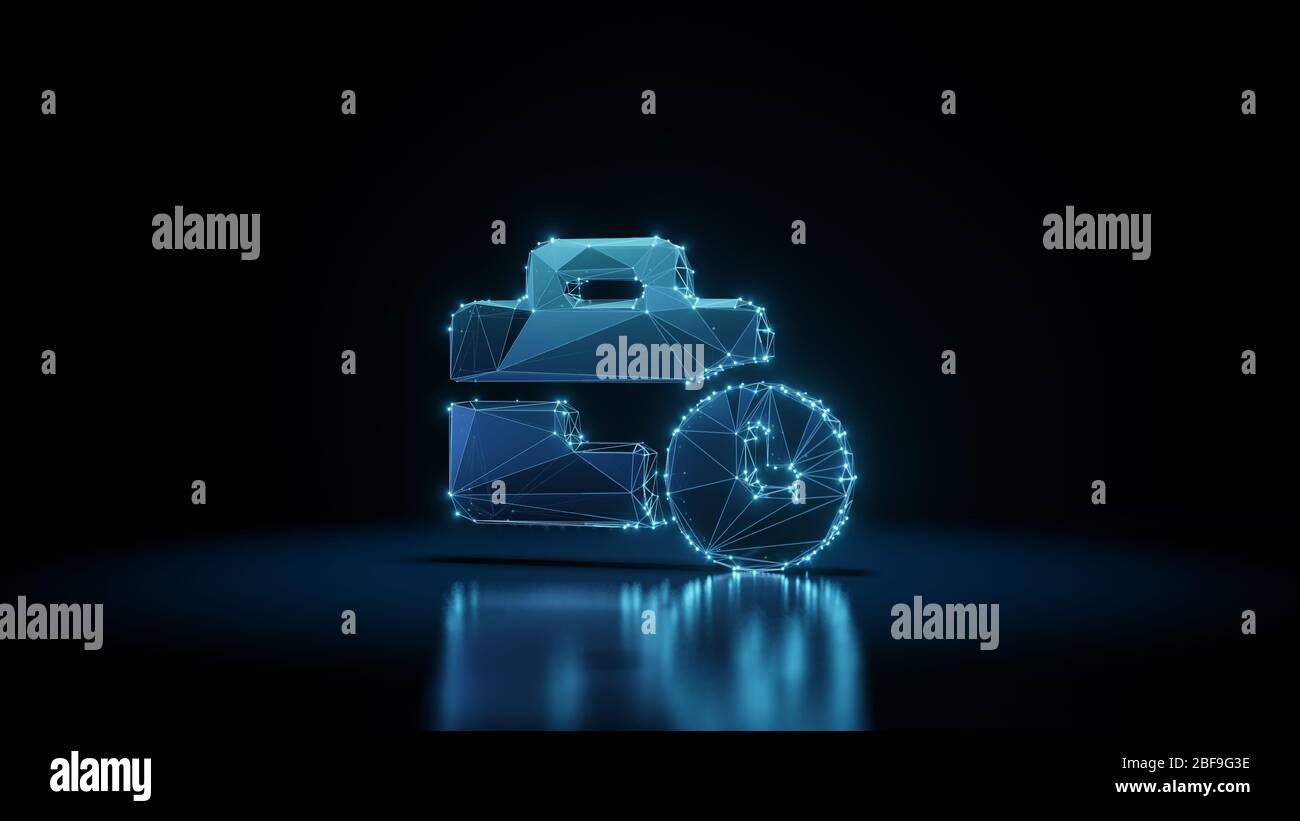 3d rendering wireframe digital techno neon glowing symbol of business time with shining dots on ...