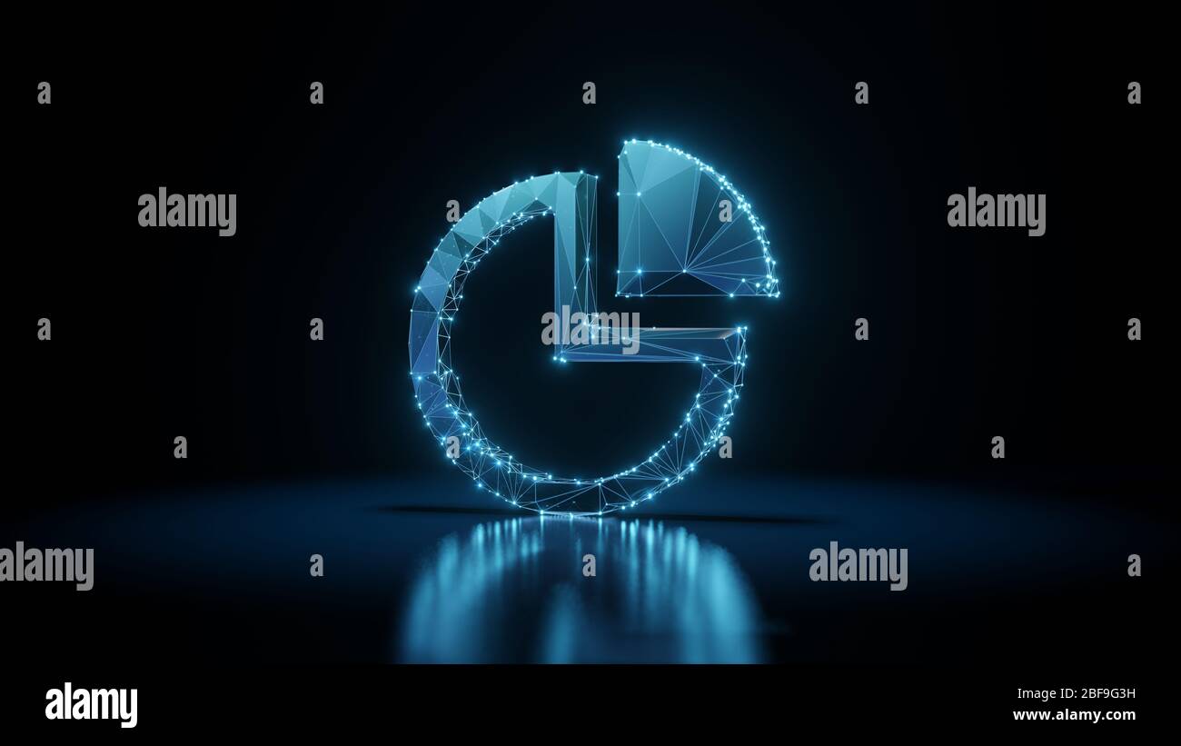 3d rendering wireframe digital techno neon glowing symbol of pie chart with slice with shining ...