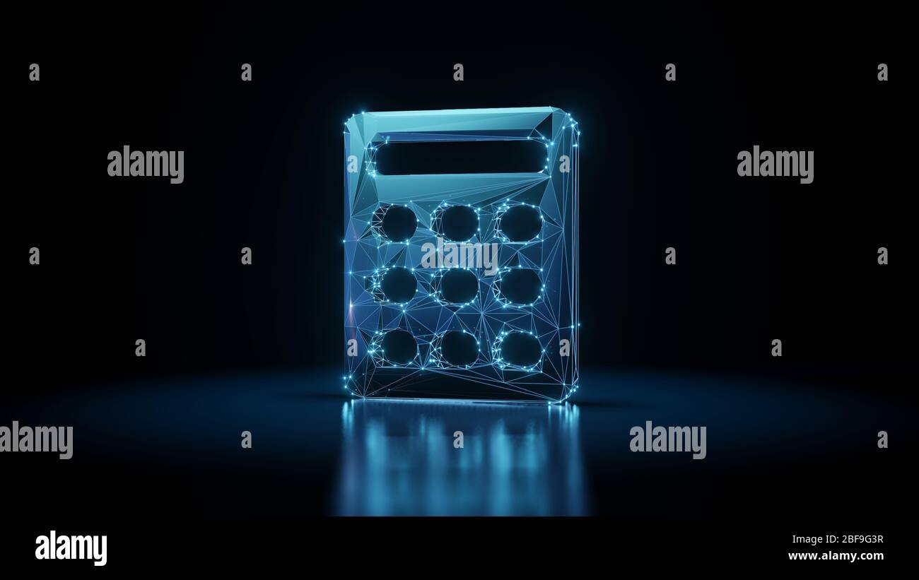 3d rendering wireframe digital techno neon glowing symbol of calculator with rounded buttons ...