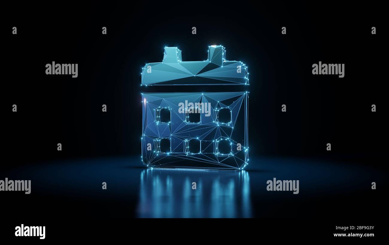 3d rendering wireframe digital techno neon glowing symbol of calendar with weeks with shining ...