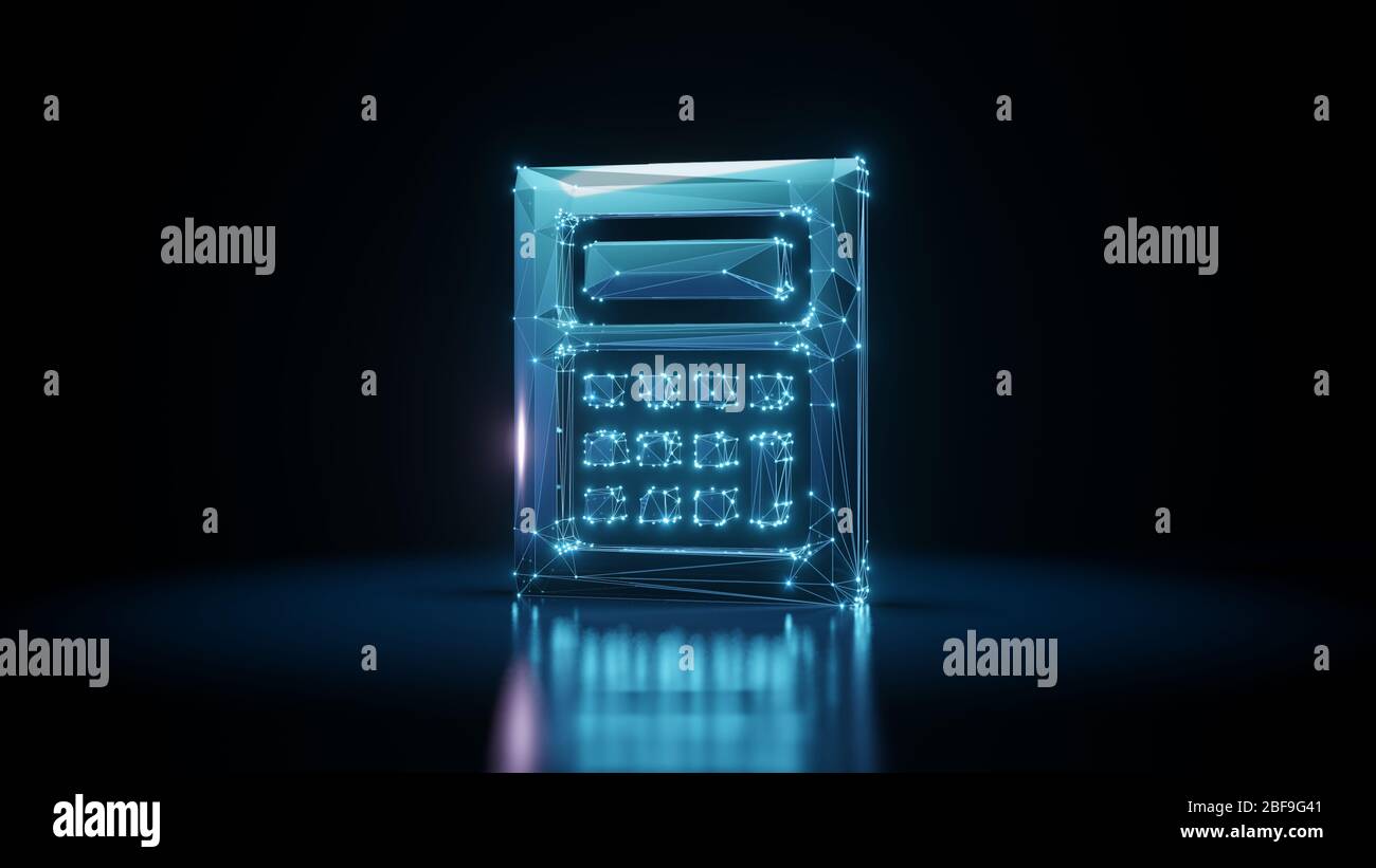 3d rendering wireframe digital techno neon glowing symbol of calculator with square buttons with ...