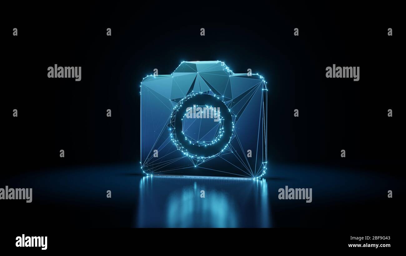 3d rendering wireframe digital techno neon glowing symbol of camera ...