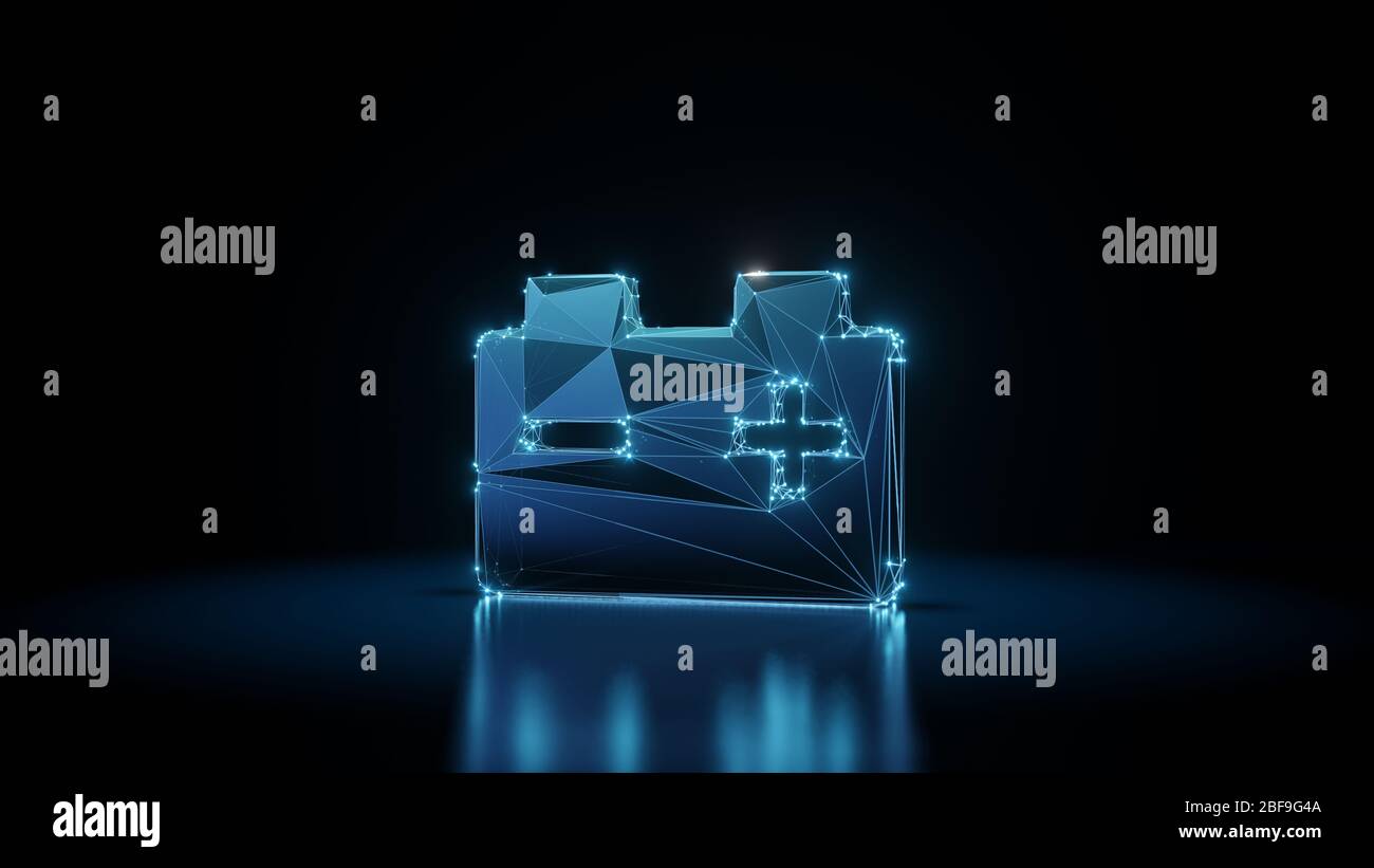 3d rendering wireframe digital techno neon glowing symbol of car battery with shining dots on ...