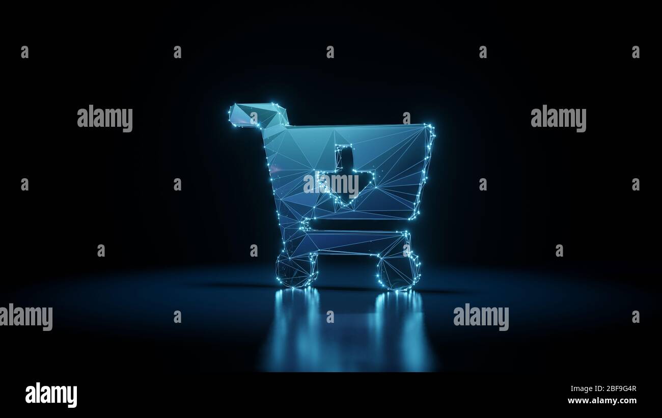 3d rendering wireframe digital techno neon glowing symbol of cart arrow down with shining dots ...