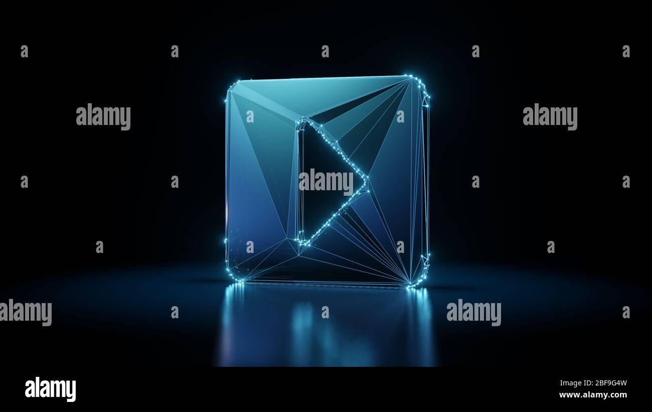 3d rendering wireframe digital techno neon glowing symbol of caret square right with shining ...