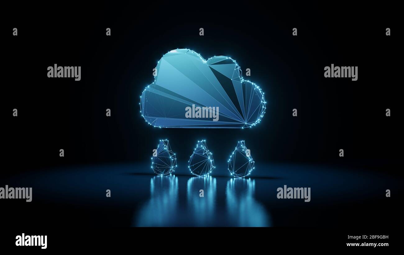 3d rendering wireframe digital techno neon glowing symbol of rain cloud with three drops with ...