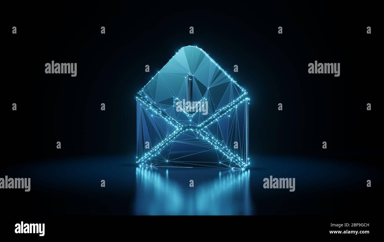 3d rendering wireframe digital techno neon glowing symbol of paper open envelope with down arrow ...