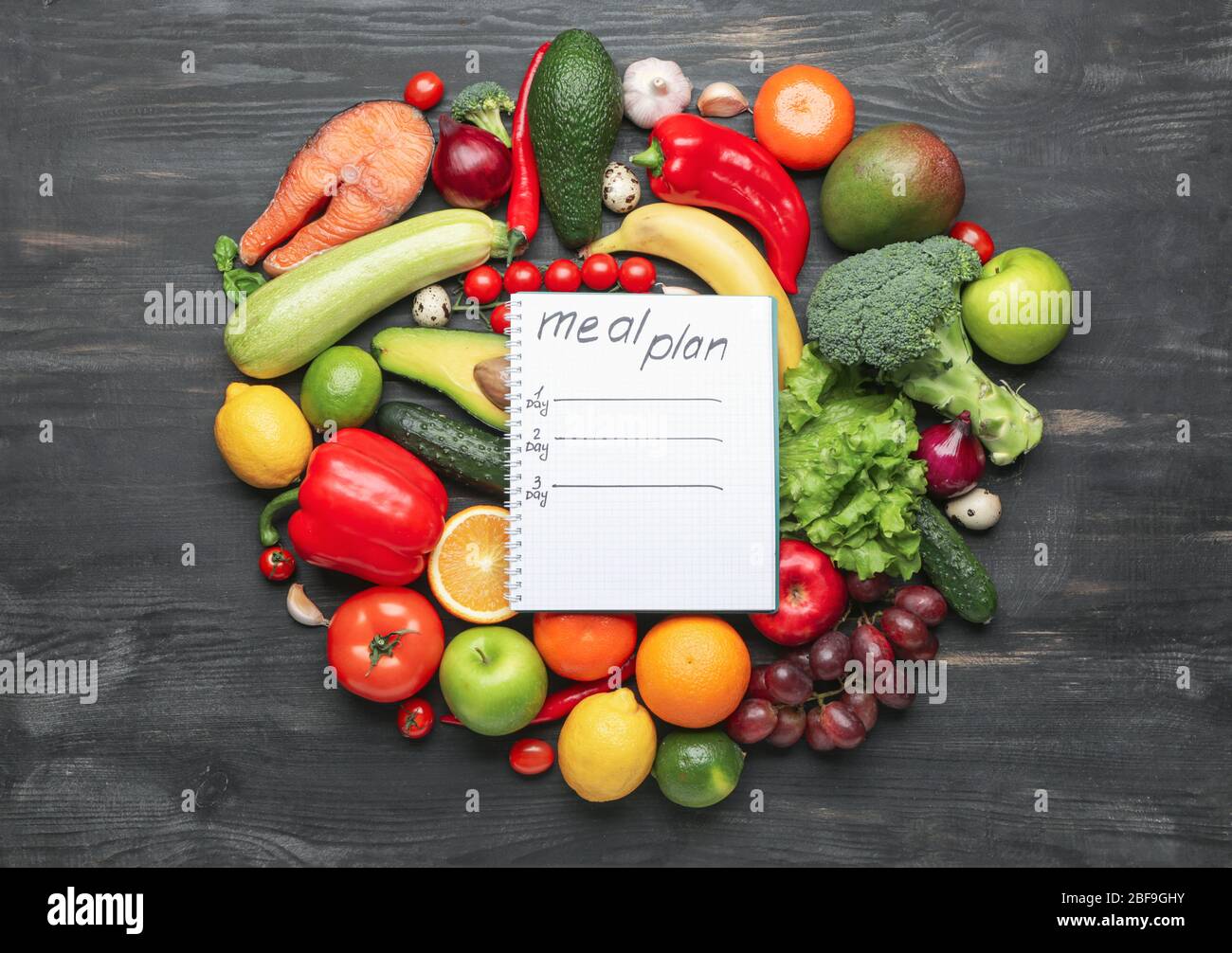 Healthy products and meal plan on dark background Stock Photo - Alamy