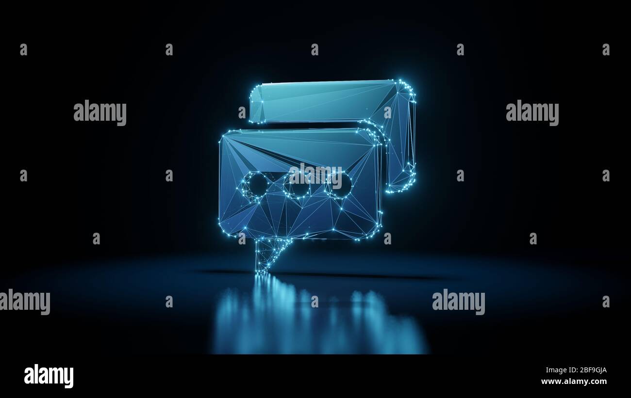 3d rendering wireframe digital techno neon glowing symbol of two rectangular rounded chat ...