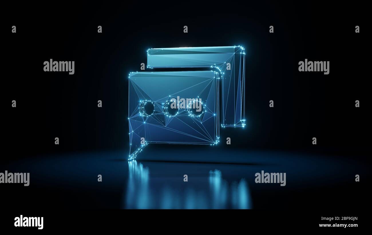 3d rendering wireframe digital techno neon glowing symbol of two rectangular rounded chat ...
