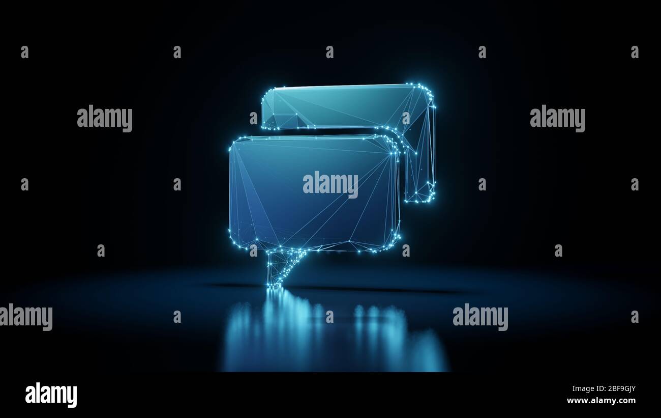 3d rendering wireframe digital techno neon glowing symbol of two rectangular rounded chat ...