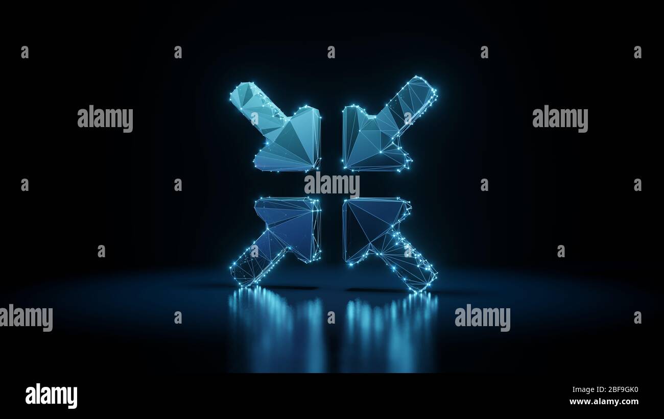 3d rendering wireframe digital techno neon glowing symbol of compress arrows with shining dots ...