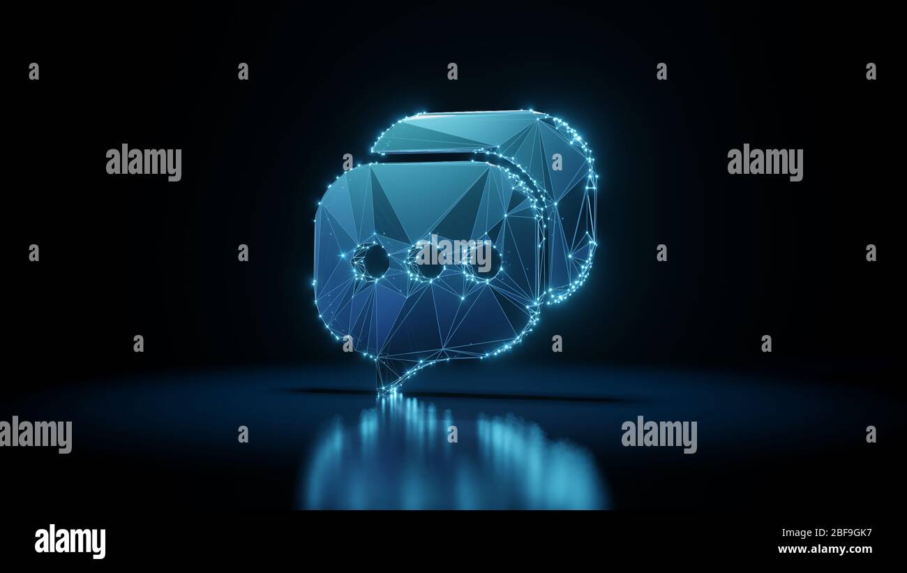 3d rendering wireframe digital techno neon glowing symbol of two rectangular rounded chat bubble ...