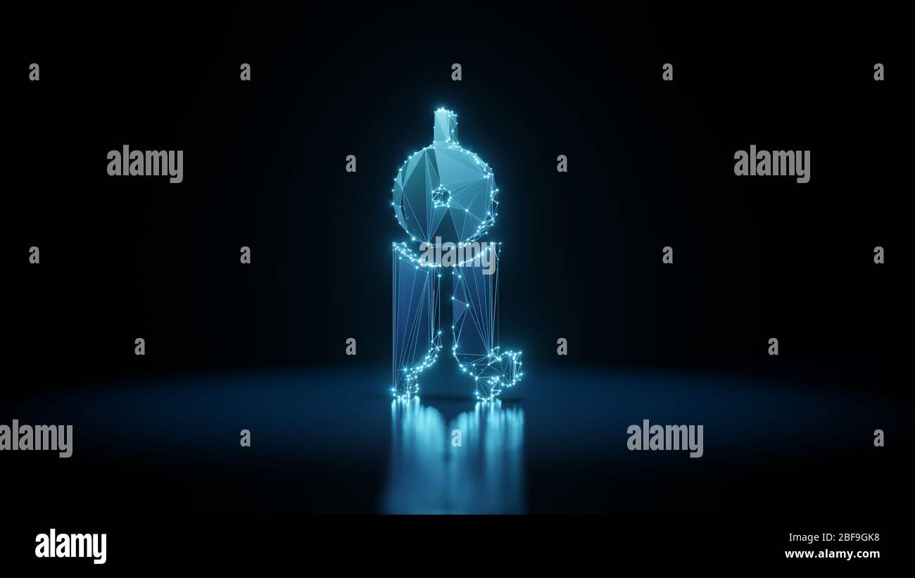 3d rendering wireframe digital techno neon glowing symbol of drafting compass with shining dots ...