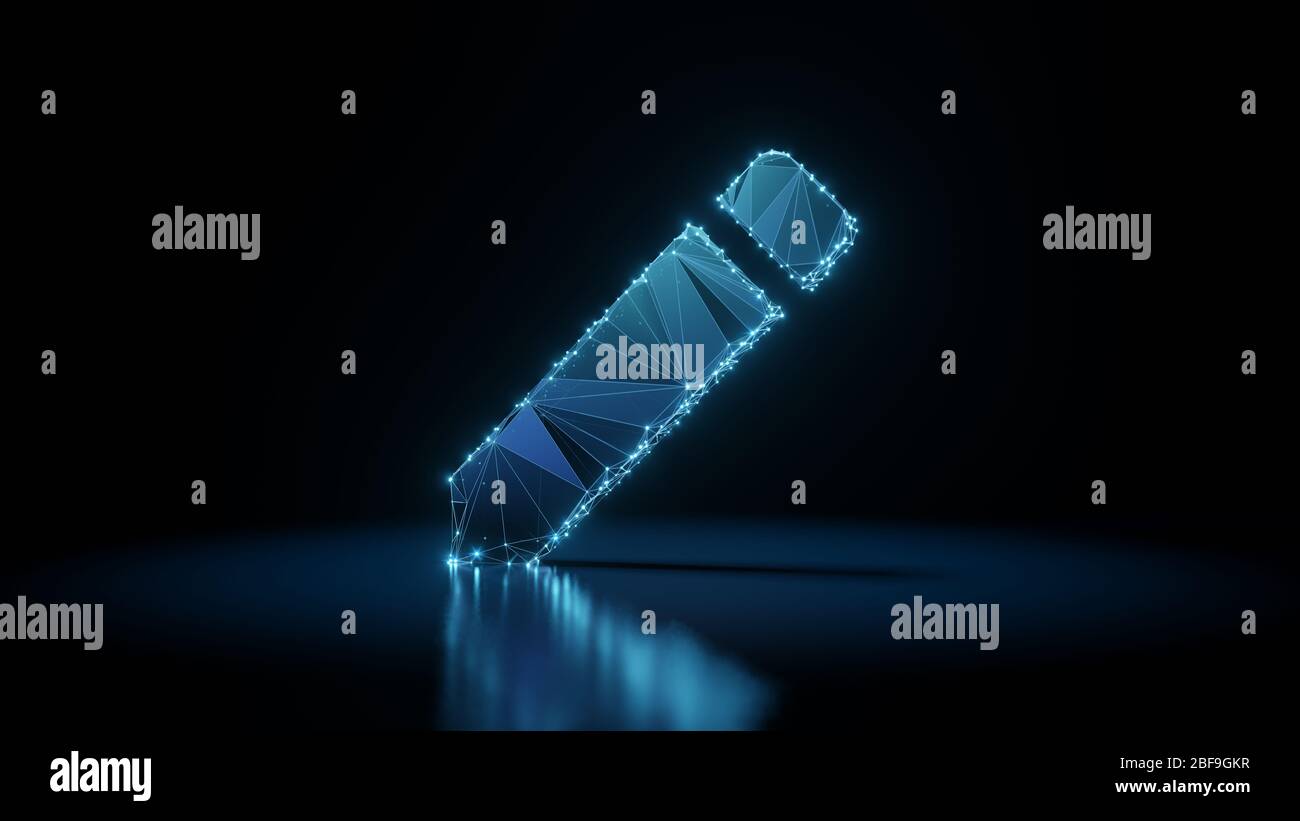 3d rendering wireframe digital techno neon glowing symbol of pencil with eraser on top with ...