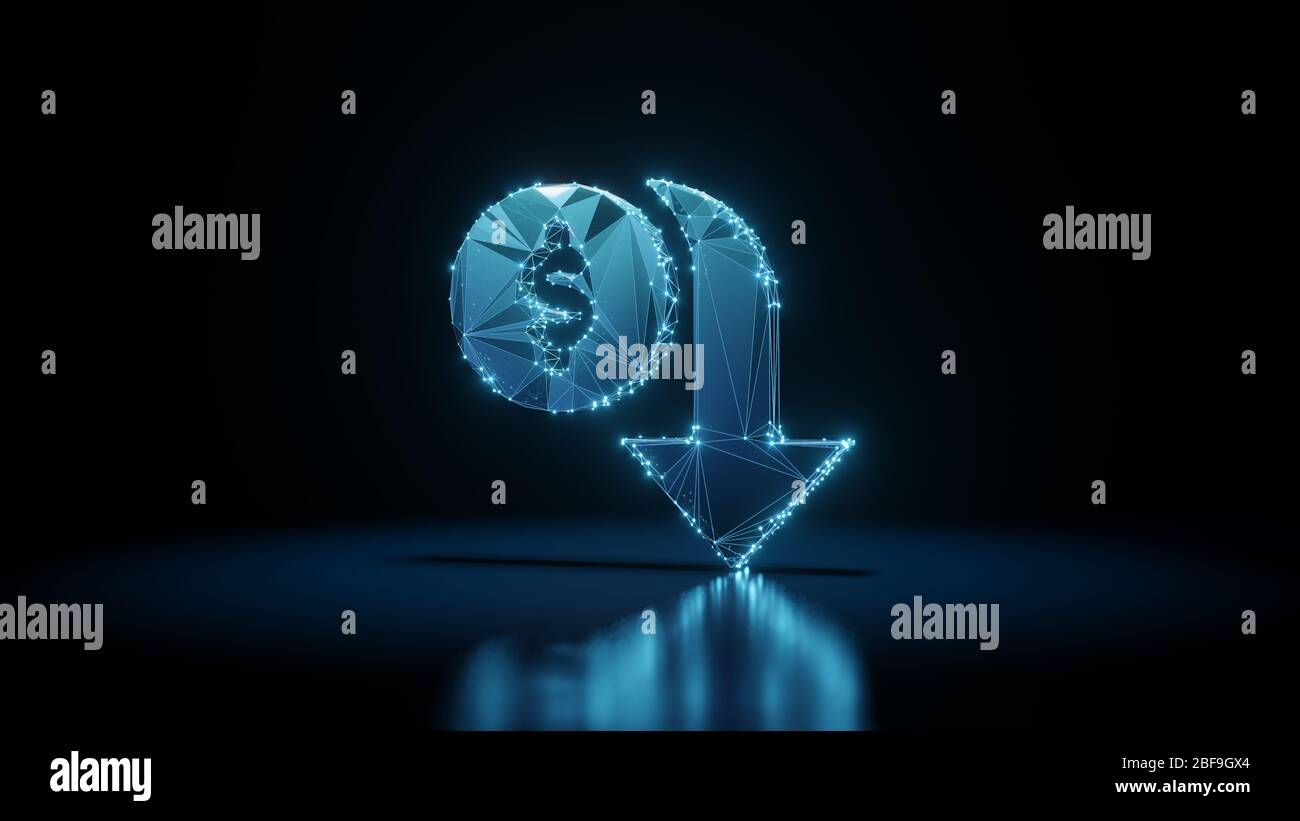 3d rendering wireframe digital techno neon glowing symbol of dollar symbol and down arrow with ...
