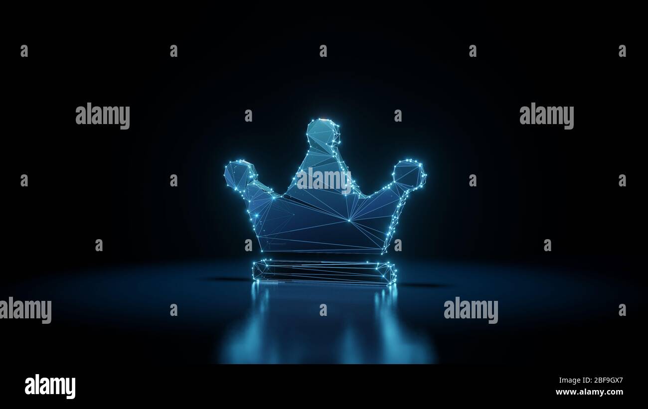 3d rendering wireframe digital techno neon glowing symbol of crown with three tips with shining ...