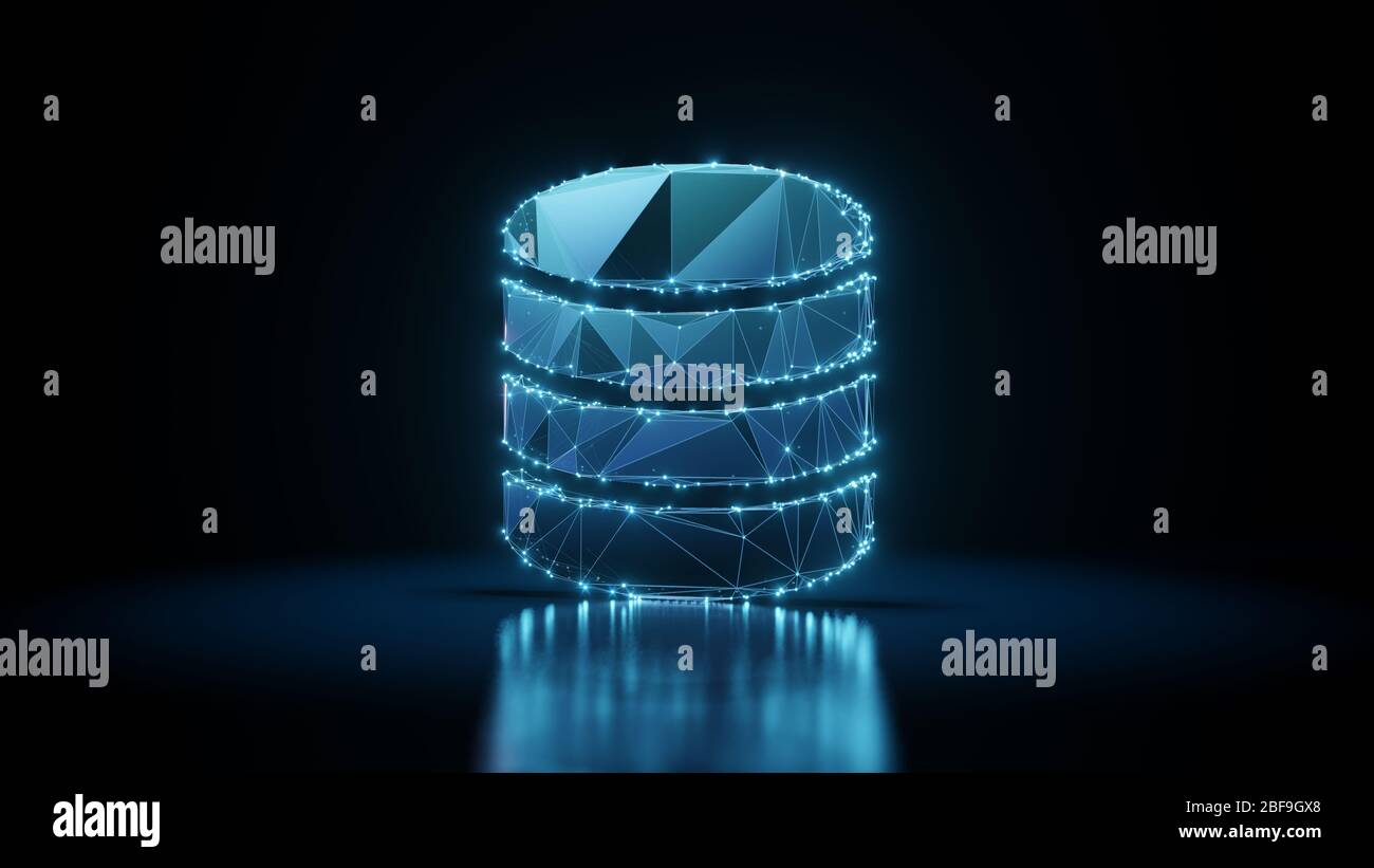 3d rendering wireframe digital techno neon glowing symbol of three memory discs with shining ...