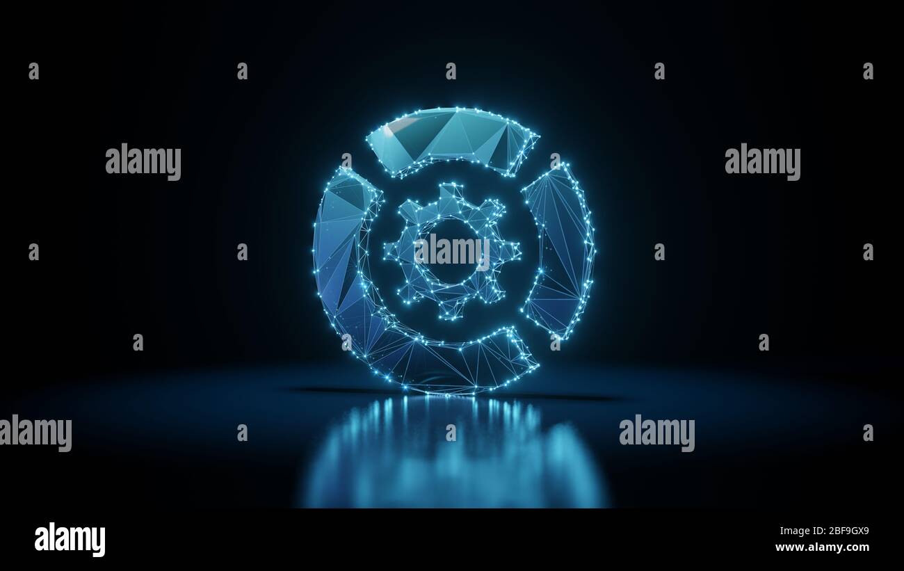 3d rendering wireframe digital techno neon glowing symbol of circular diagram with cogwheel in ...