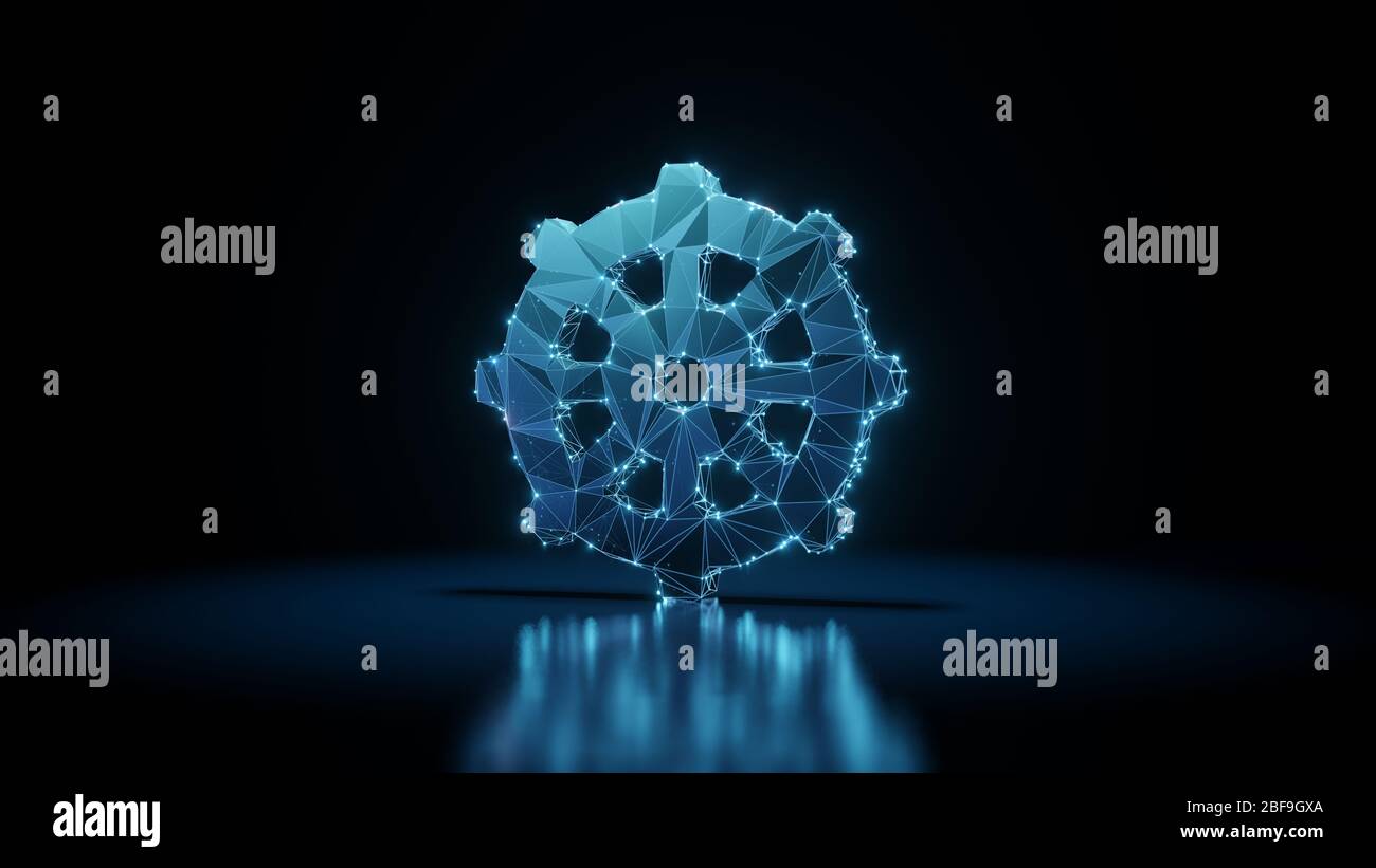 3d rendering wireframe digital techno neon glowing symbol of rudder with shining dots on black ...