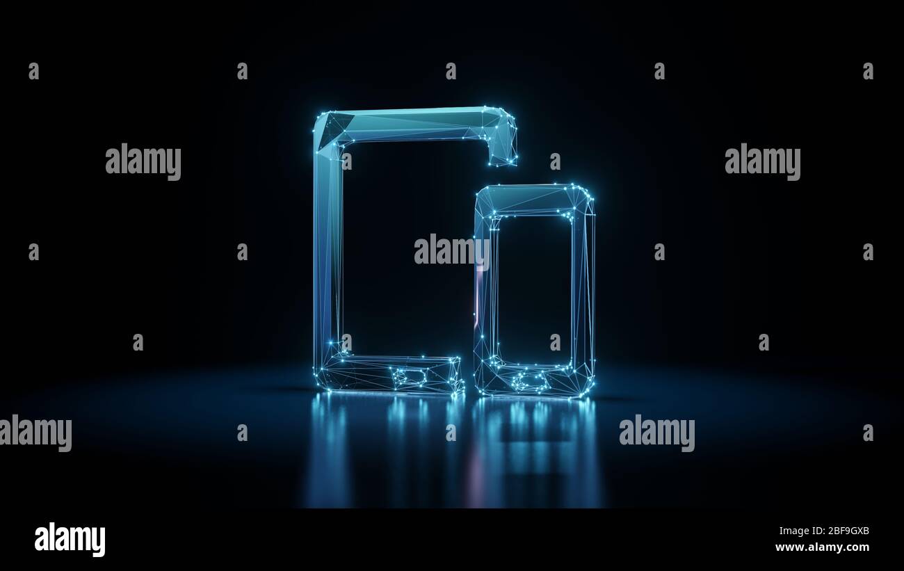 3d rendering wireframe digital techno neon glowing symbol of tablet and cell phone with shining ...
