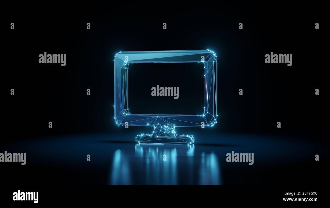 3d rendering wireframe digital techno neon glowing symbol of monitor with shining dots on black ...