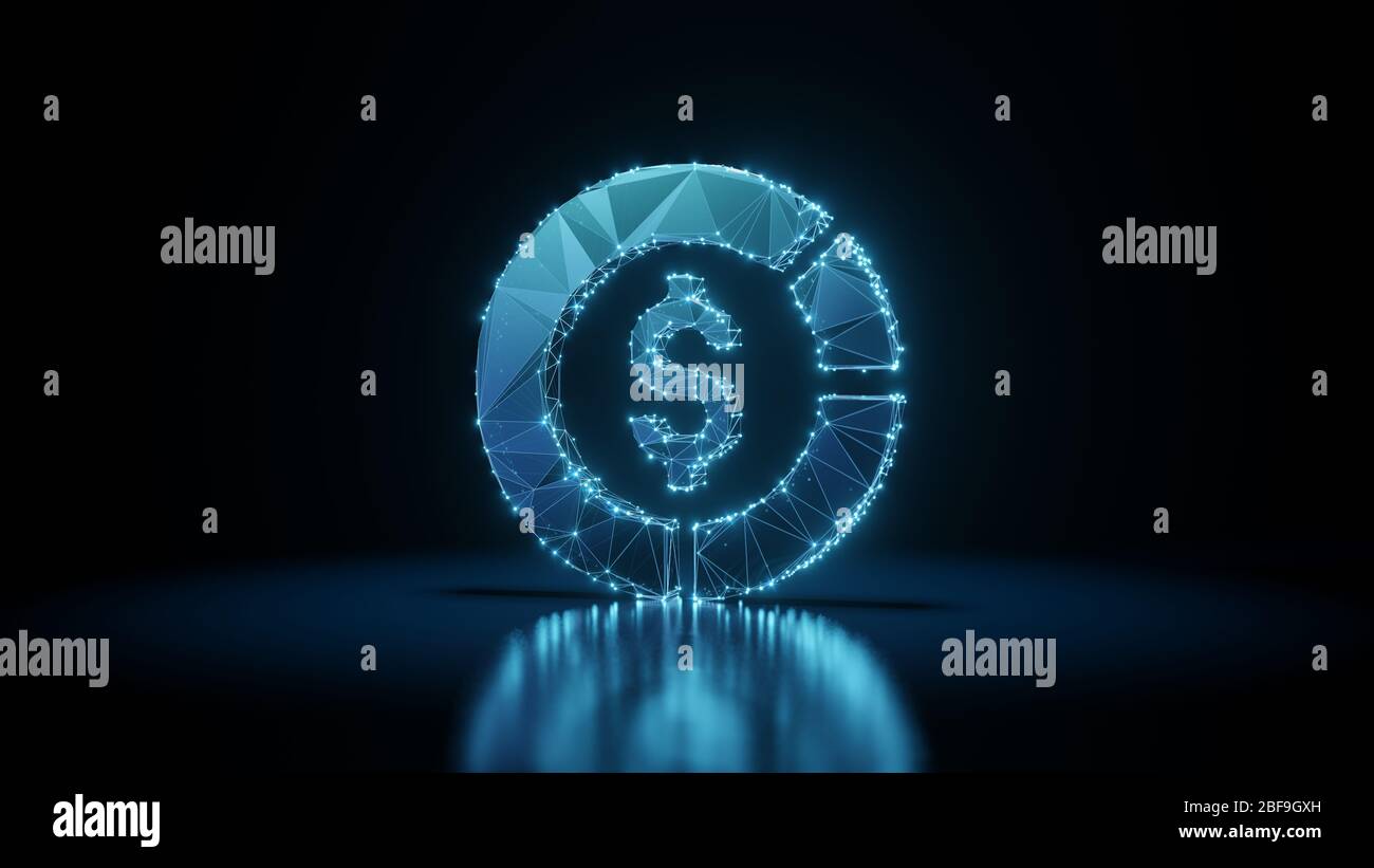3d rendering wireframe digital techno neon glowing symbol of circular diagram with dollar symbol ...