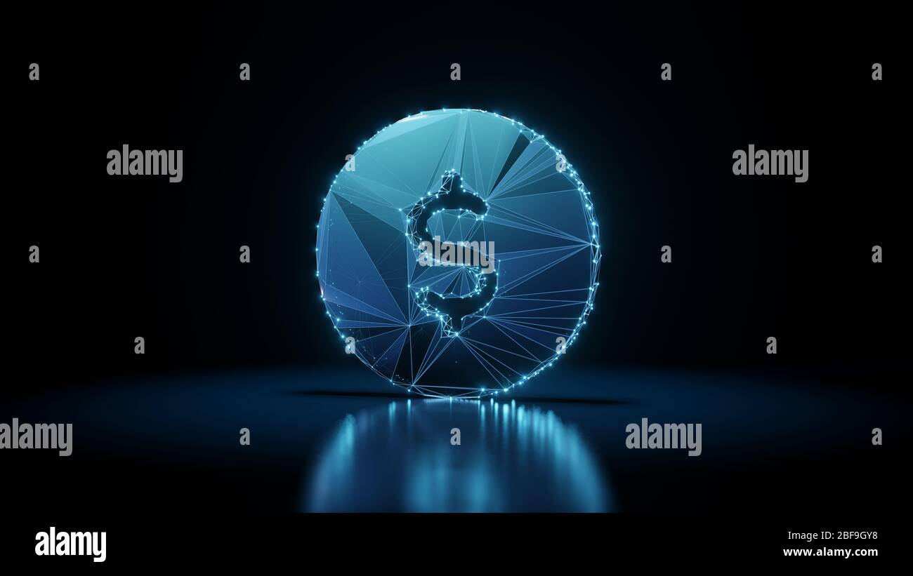 3d rendering wireframe digital techno neon glowing symbol of dollar coin with shining dots on ...