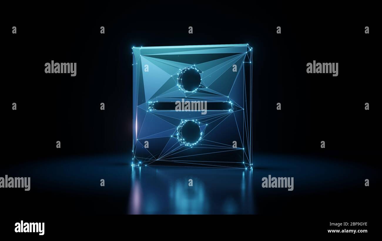 3d rendering wireframe digital techno neon glowing symbol of divide symbol in square with ...