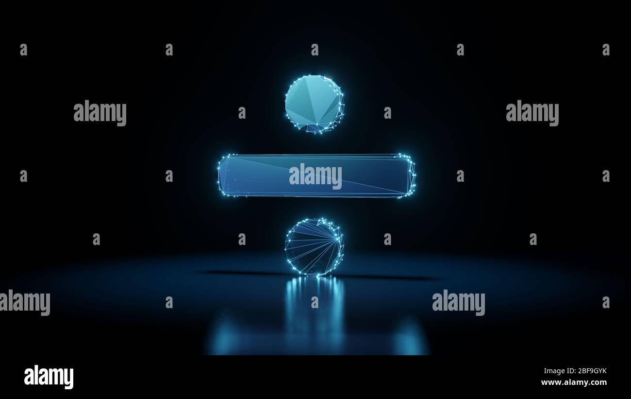 3d rendering wireframe digital techno neon glowing symbol of divide ...