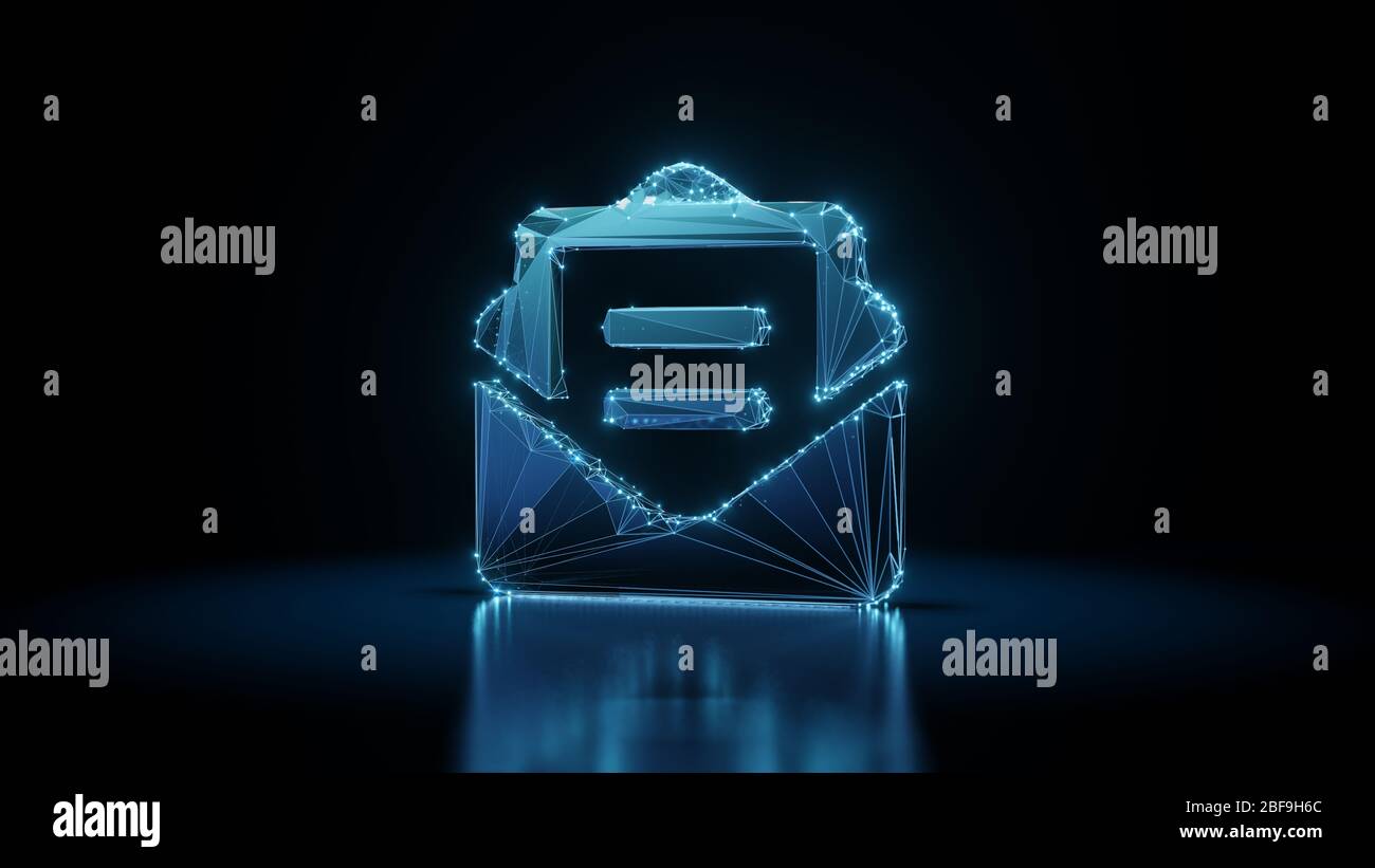 3d rendering wireframe digital techno neon glowing symbol of envelope open with document inside ...