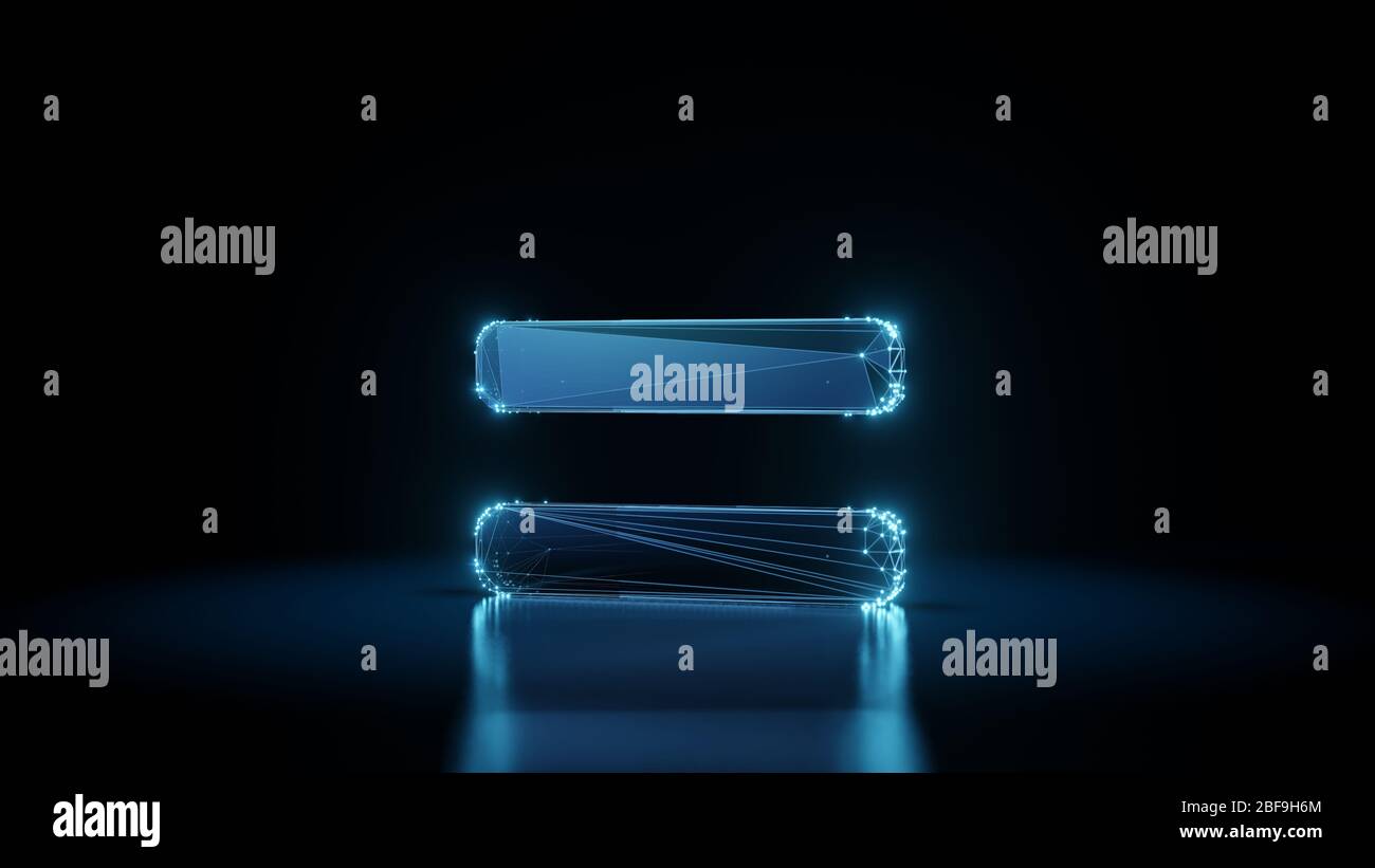 3d rendering wireframe digital techno neon glowing symbol of equals rounded sign with shining ...