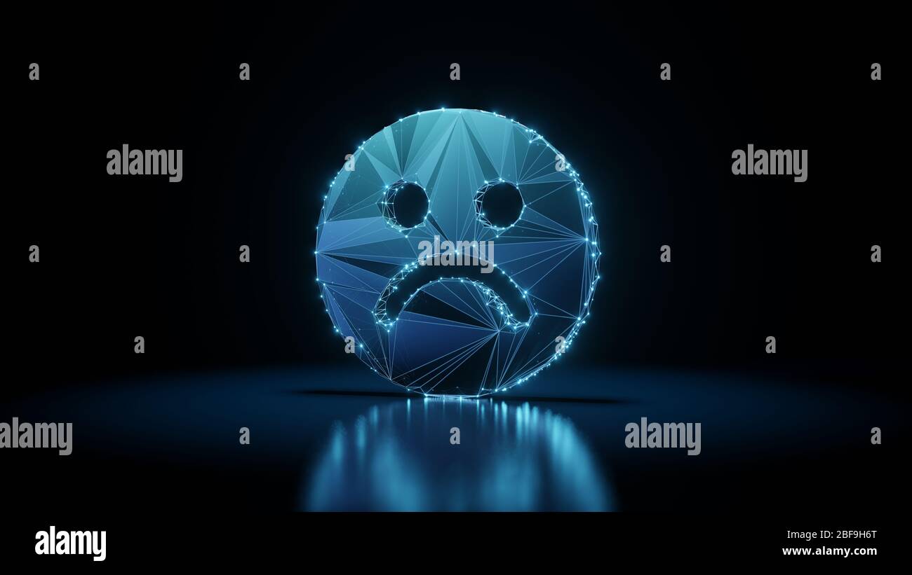 3d rendering wireframe digital techno neon glowing symbol of sad ...
