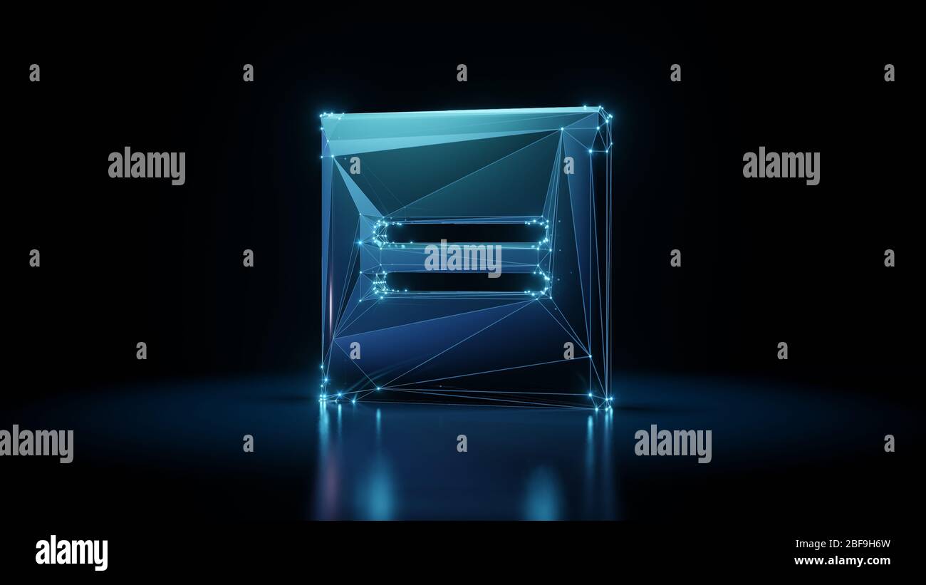 3d rendering wireframe digital techno neon glowing symbol of equal ...