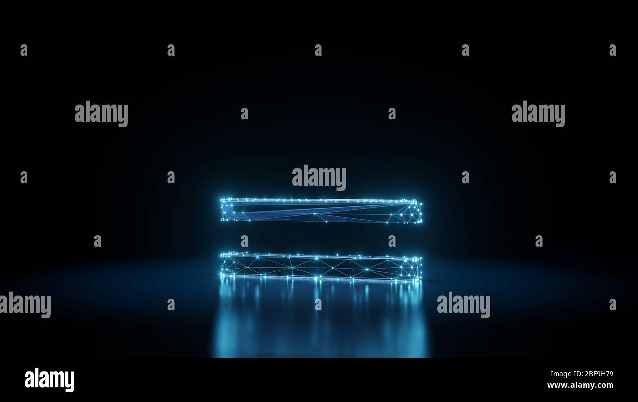 3d Rendering Wireframe Digital Techno Neon Glowing Symbol Of Thin Equal Sign With Shining Dots