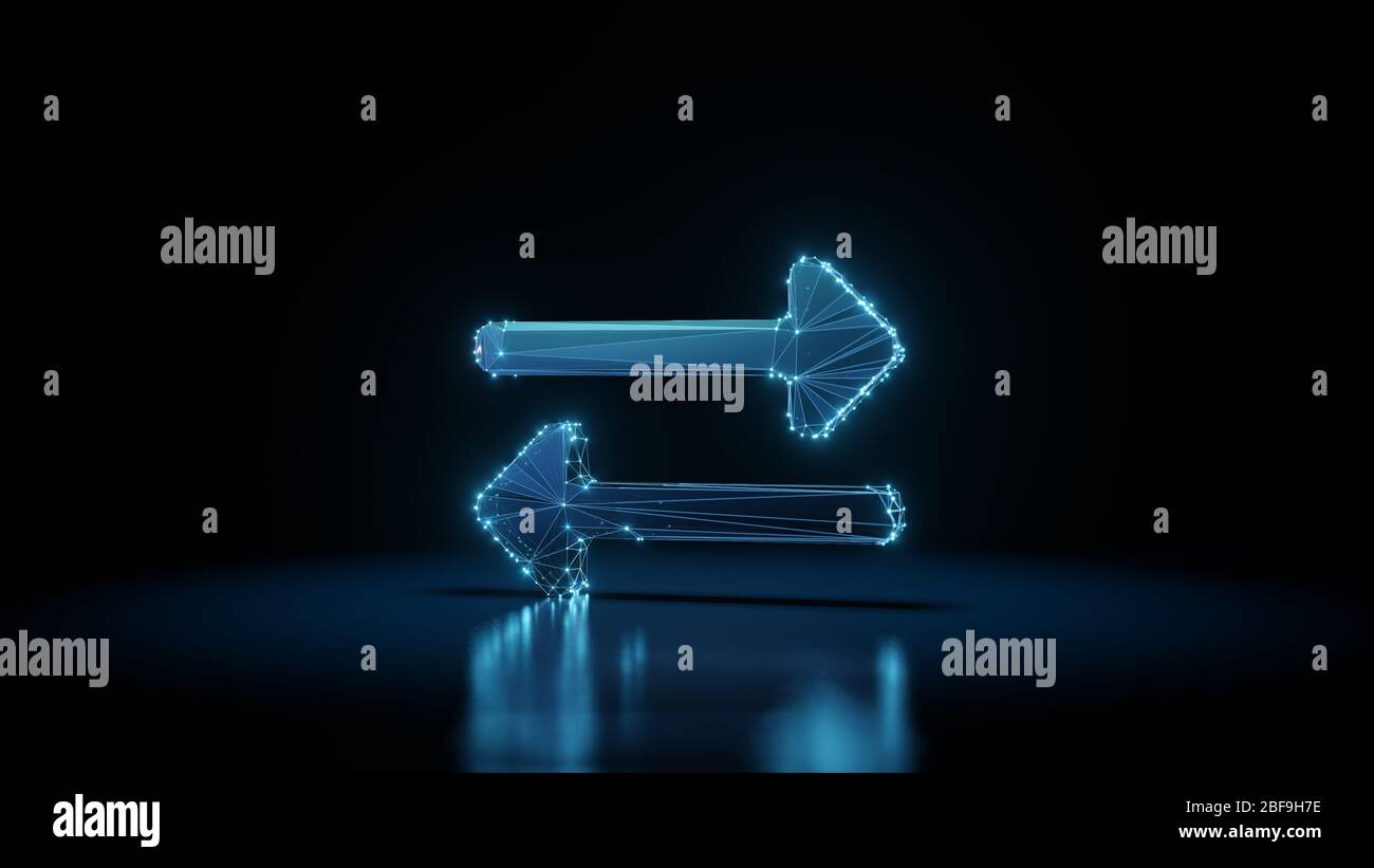 3d rendering wireframe digital techno neon glowing symbol of exchange left and right arrows with ...