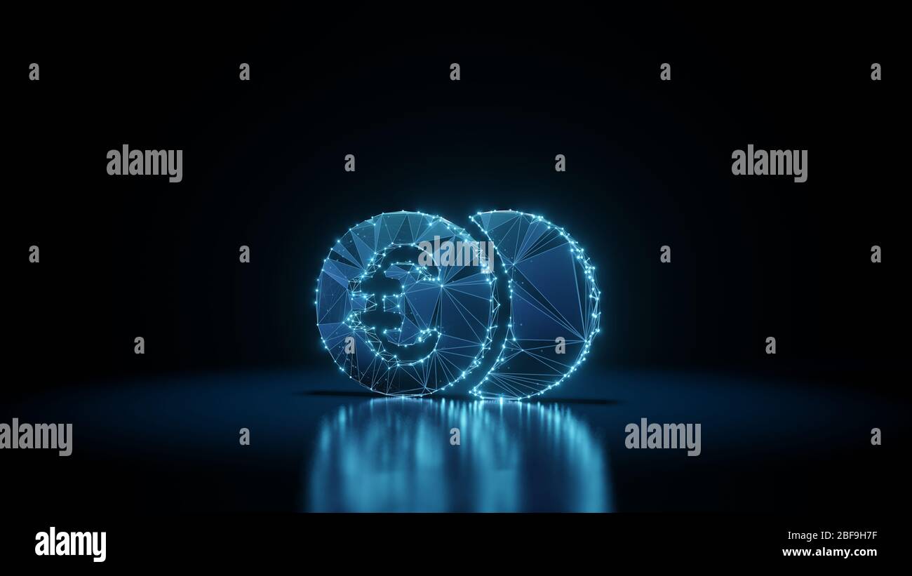 3d rendering wireframe digital techno neon glowing symbol of two euro coins with shining dots on ...