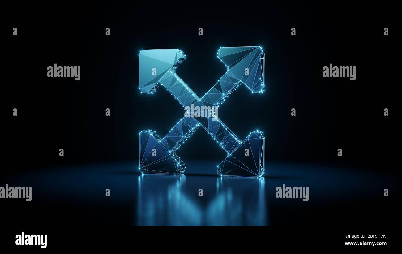 3d rendering wireframe digital techno neon glowing symbol of expand arrows with rounded corners ...