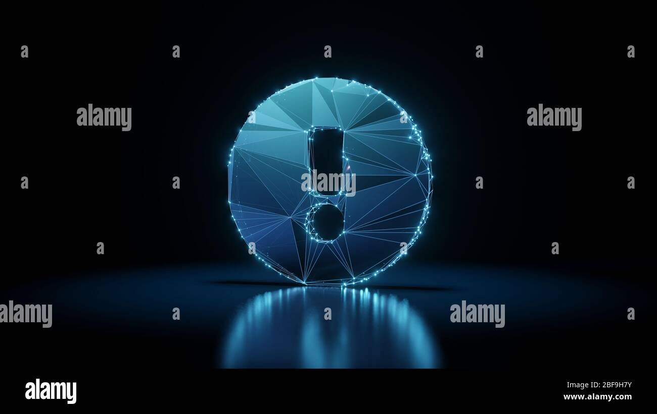 3d rendering wireframe digital techno neon glowing symbol of exclamation symbol in circle with ...