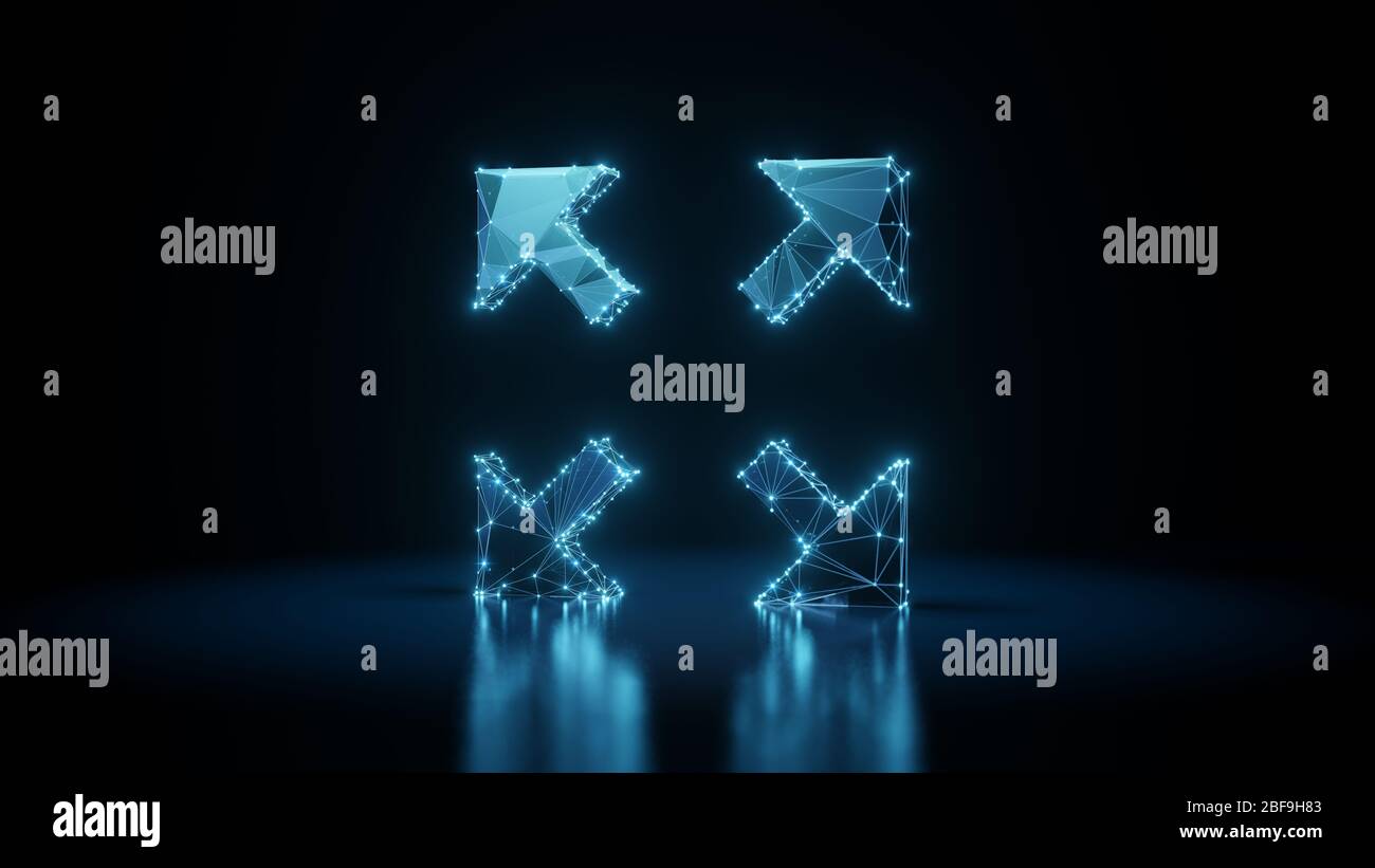 3d rendering wireframe digital techno neon glowing symbol of expand arrows with shining dots on ...