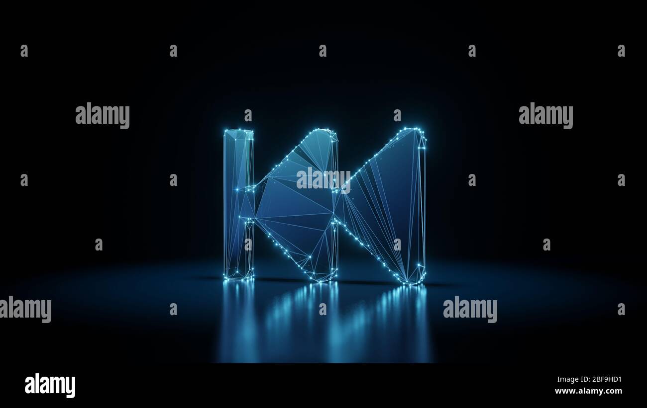 3d rendering wireframe digital techno neon glowing symbol of fast backward symbol with shining ...