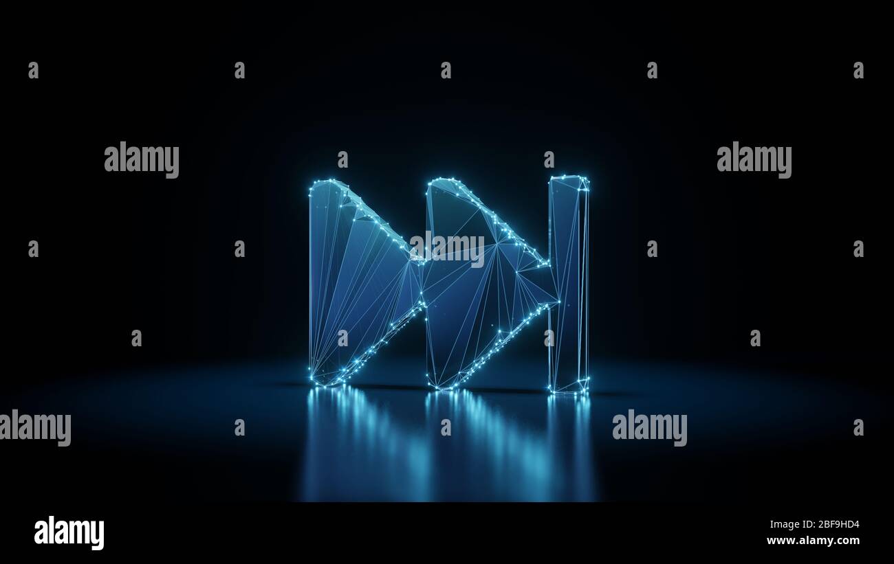 3d rendering wireframe digital techno neon glowing symbol of fast forward symbol with shining ...