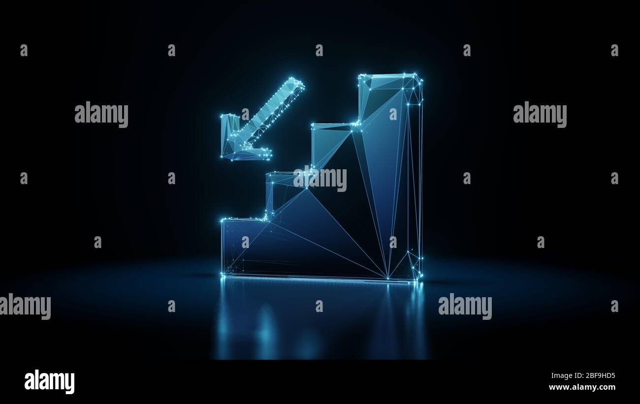 3d rendering wireframe digital techno neon glowing symbol of stairs with down arrow with shining ...