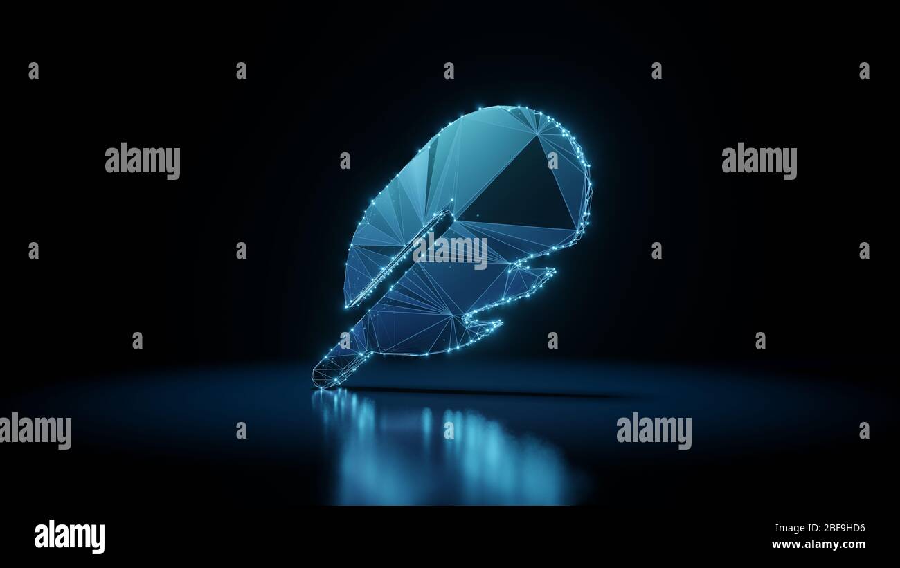3d rendering wireframe digital techno neon glowing symbol of rounded feather with shining dots ...
