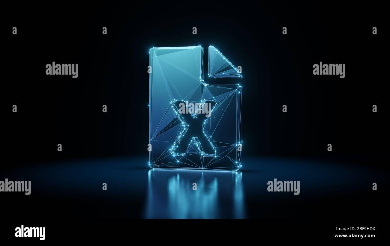3d rendering wireframe digital techno neon glowing symbol of paper with bent corner and x letter ...