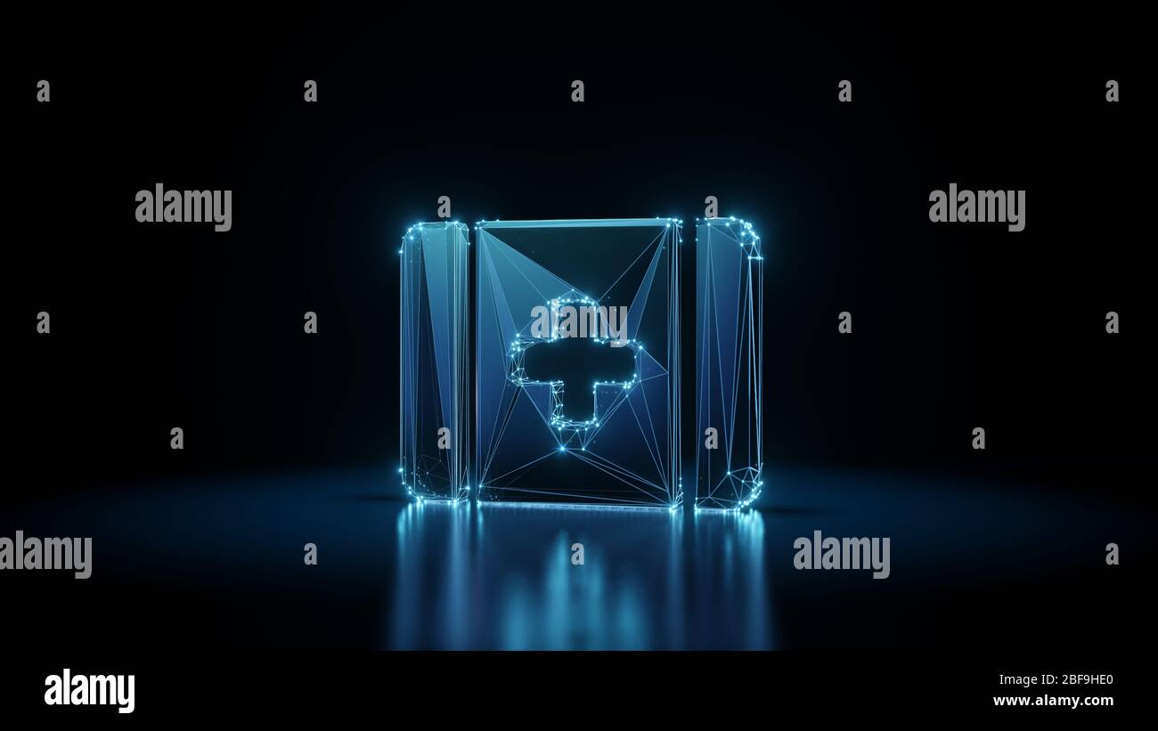 3d rendering wireframe digital techno neon glowing symbol of first aid box with cross with ...